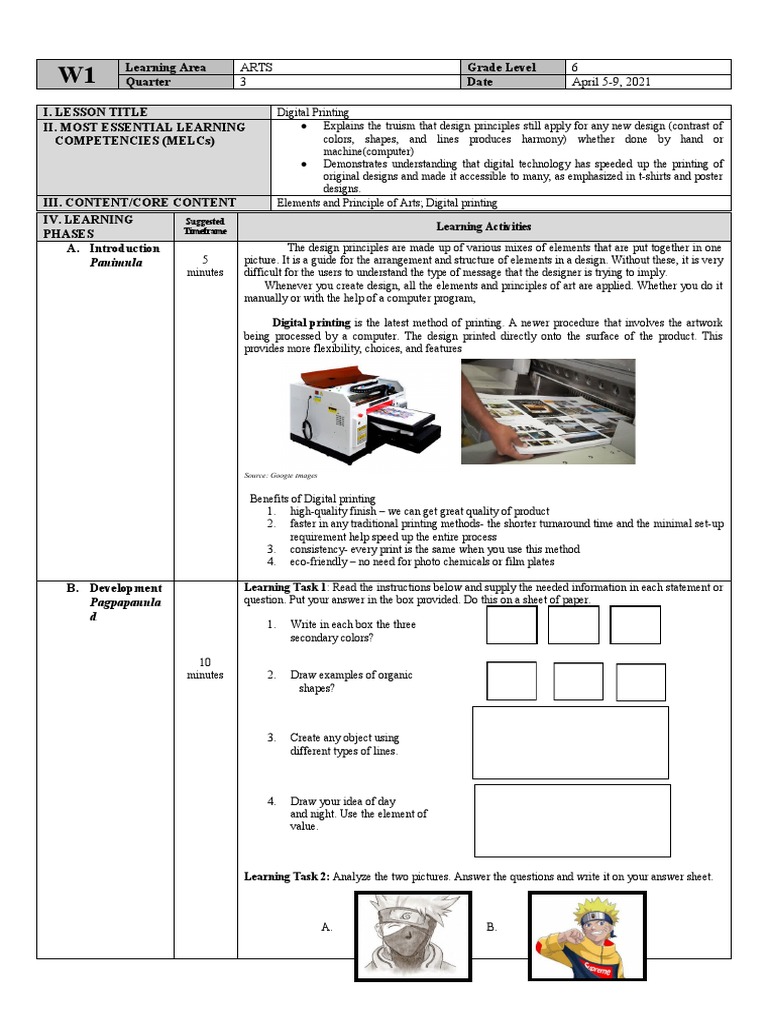 Panimula: Arts 6 3 April 5-9, 2021 | PDF | Printing | Learning