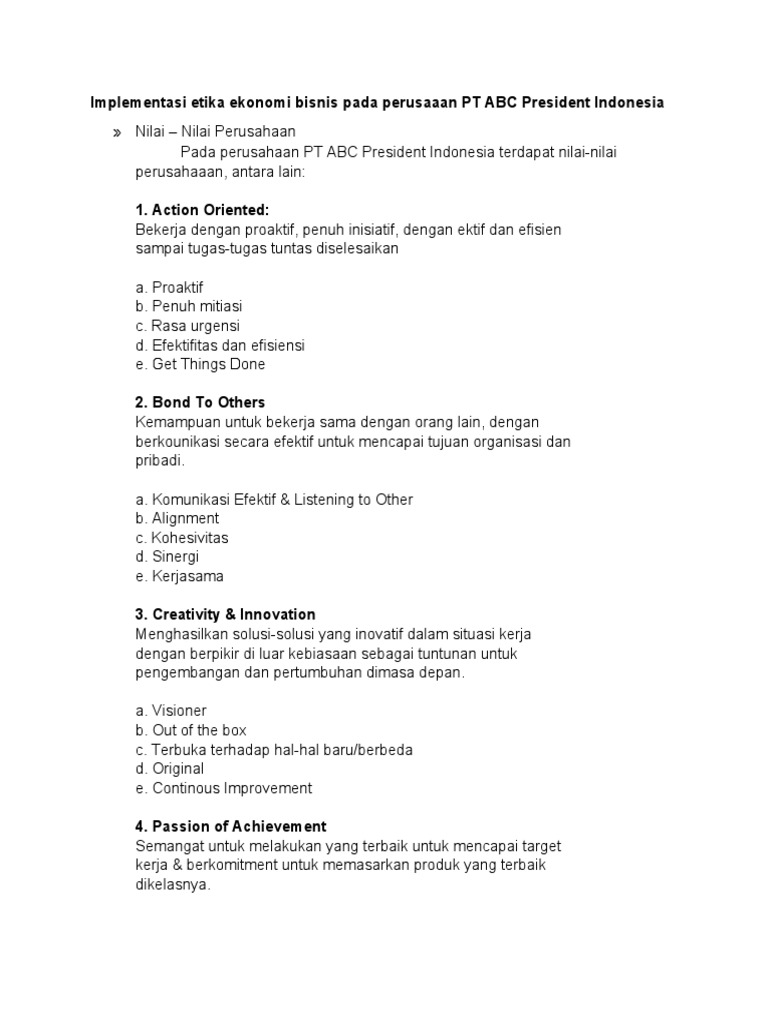 Implementasi Etika Ekonomi Bisnis Pada Perusaaan PT ABC President ...