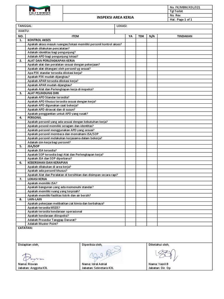 Form Inspeksi Area Kerja | PDF | Teknologi & Rekayasa