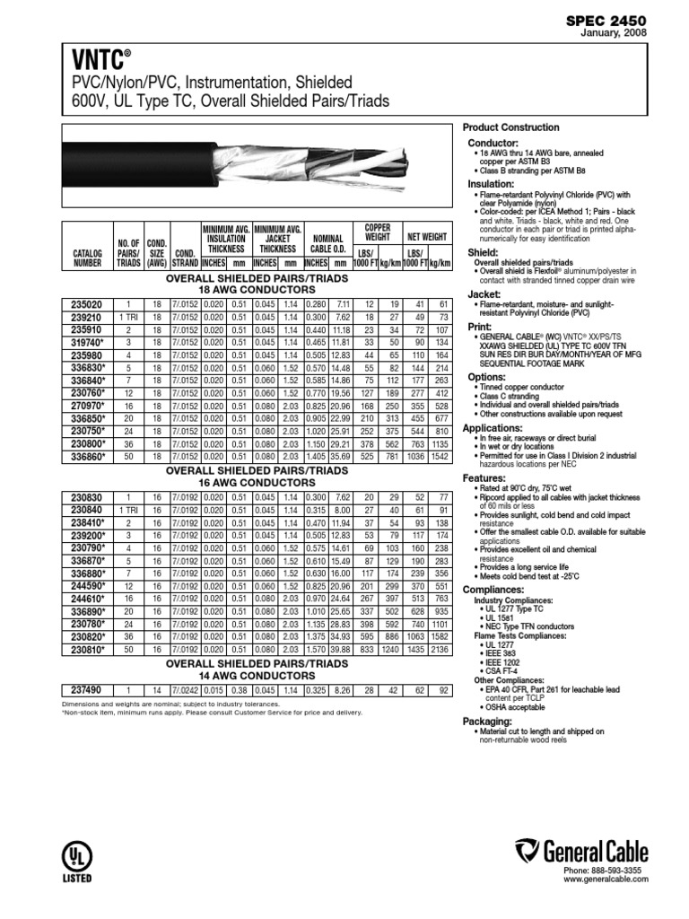 PVC/Nylon/PVC, Instrumentation, Shielded 600V, UL Type TC, Overall ...