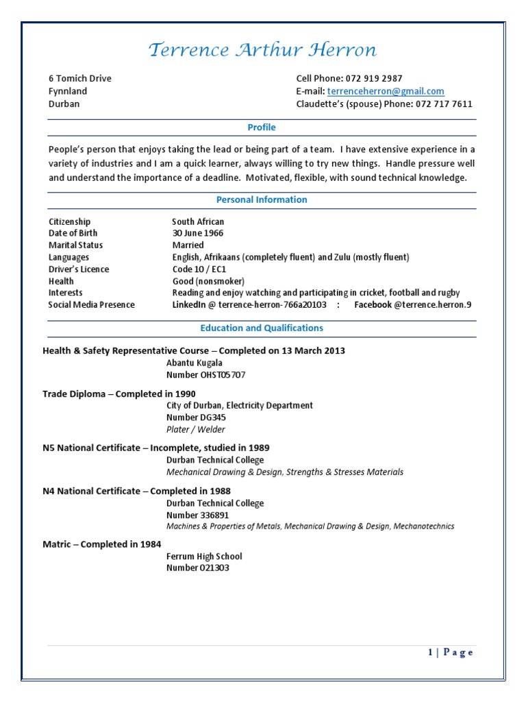 Terrence Herron CV - Feb 2021 | PDF | Metal Fabrication | Welding