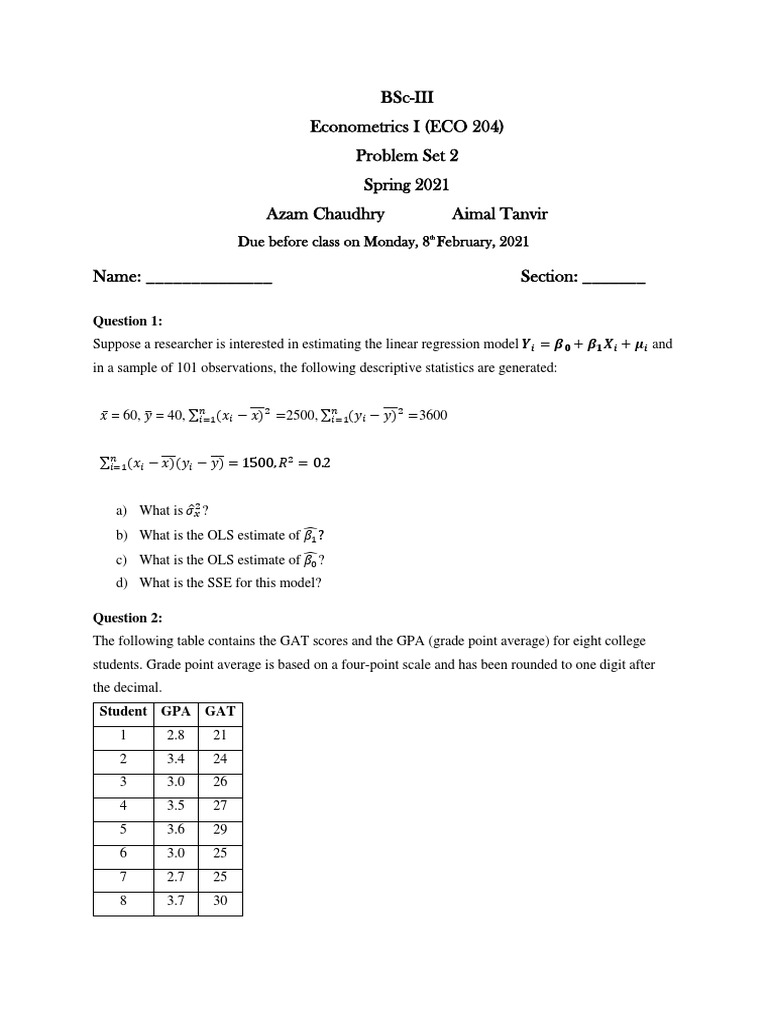 Problem Set 2 | PDF | Ordinary Least Squares | Regression Analysis