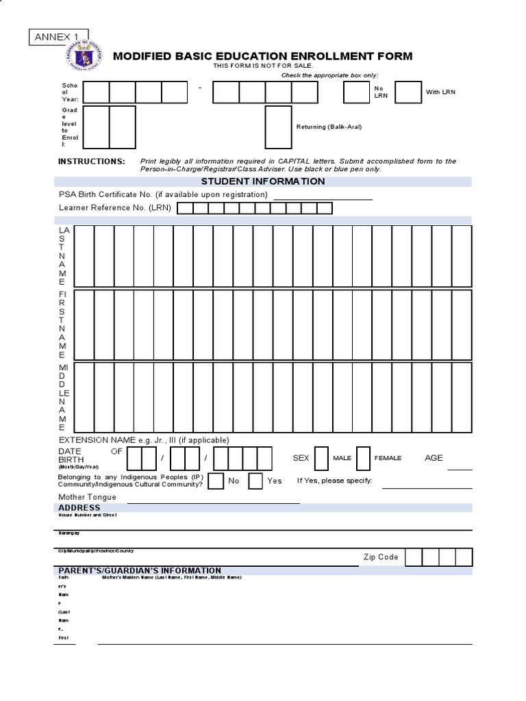 Modified Basic Education Enrollment Form: Annex 1 | PDF | Privacy | Business