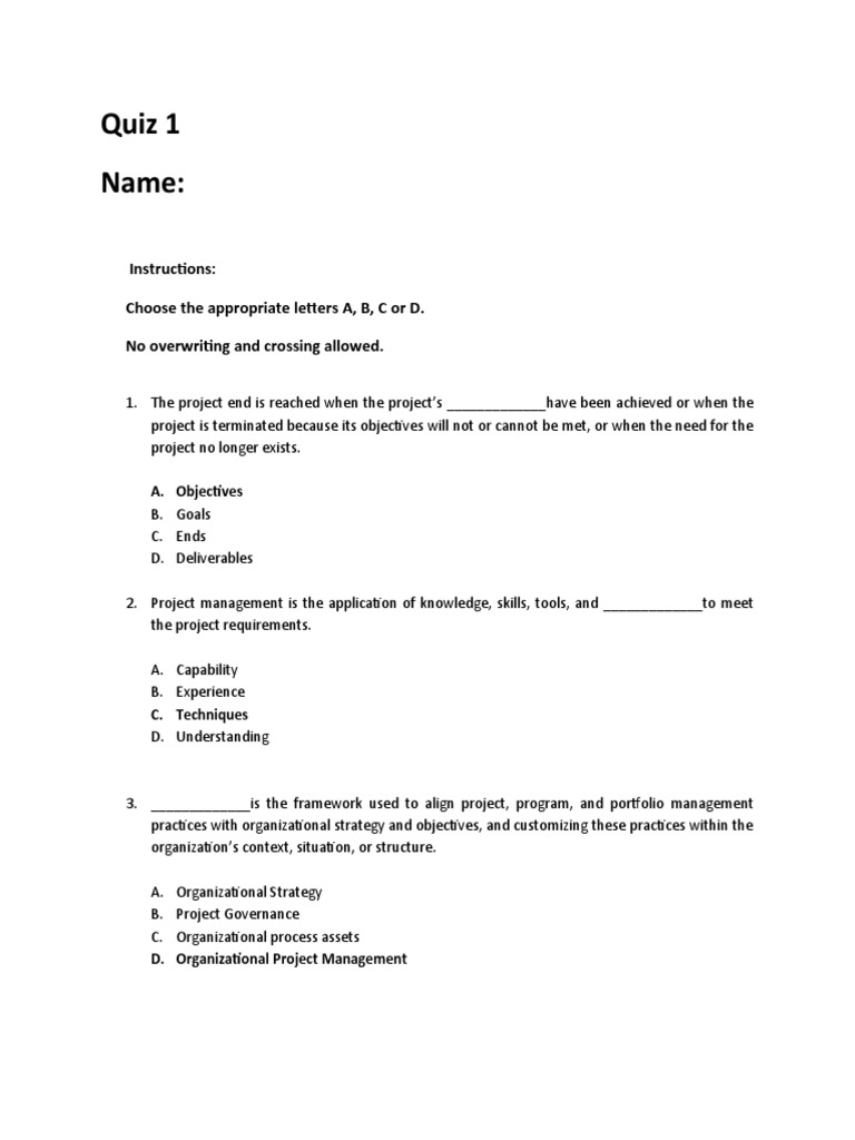 Project Management Quiz 1 | PDF | Project Management | Strategic Management