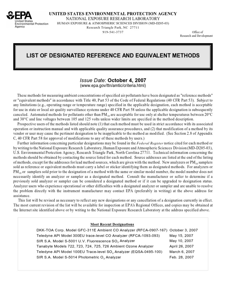 List of Designated Reference and Equivalent Methods: Issue Date ...