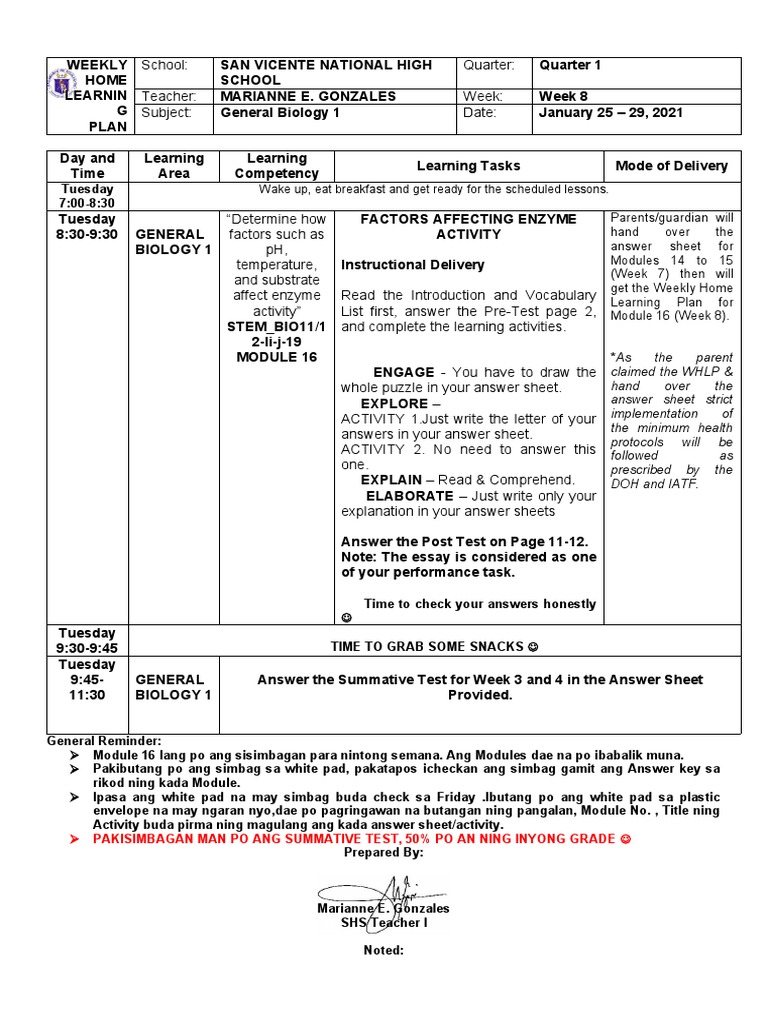 Parents/guardian Will Hand Over The Answer Sheet For Modules 14 To 15 ...