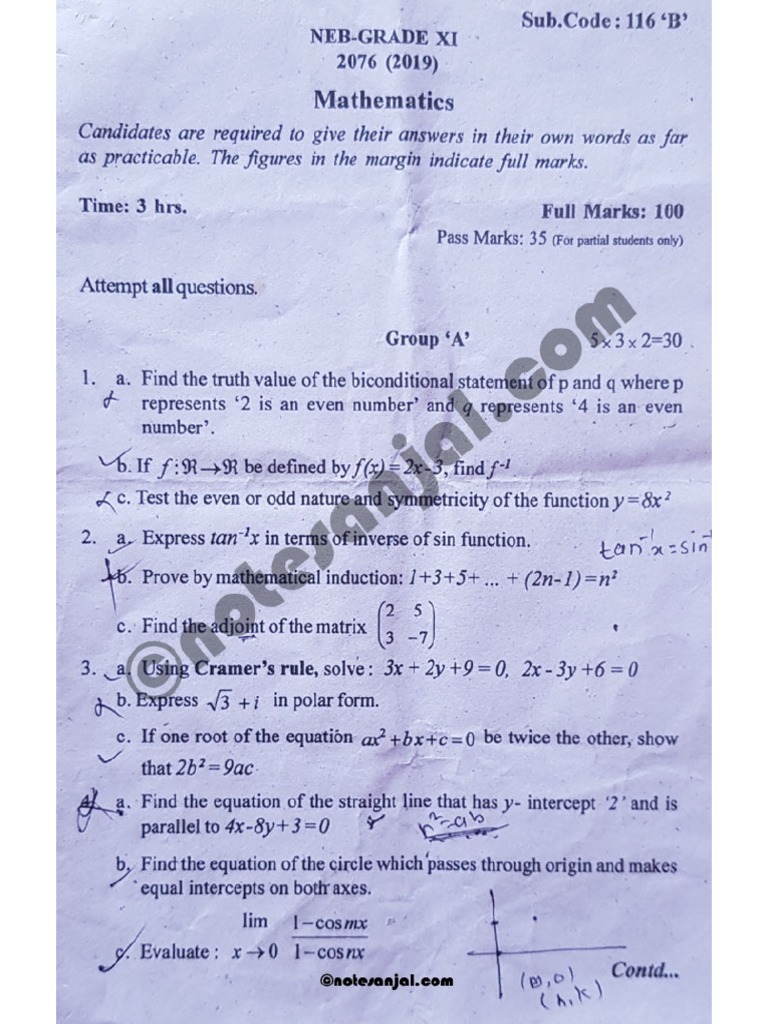 Neb Mathematics 116b Class 11 Question Paper 2076 2019 | PDF