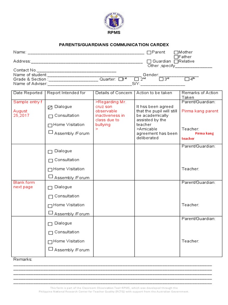 Parent Guardian Communication Cardex | PDF | Parent | Relationships