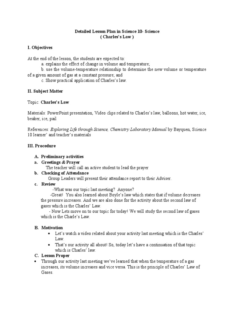 Charles Law Lesson Plan | PDF | Gases | Physical Chemistry