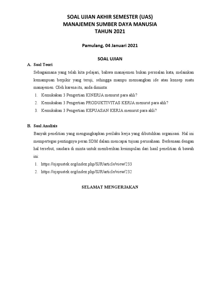 SOAL UAS MSDM Online | PDF