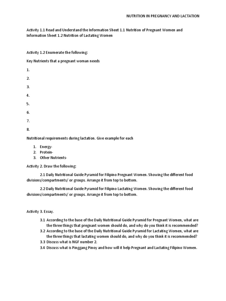 Activity Sheet in Pregnancy and Lactating Women | PDF