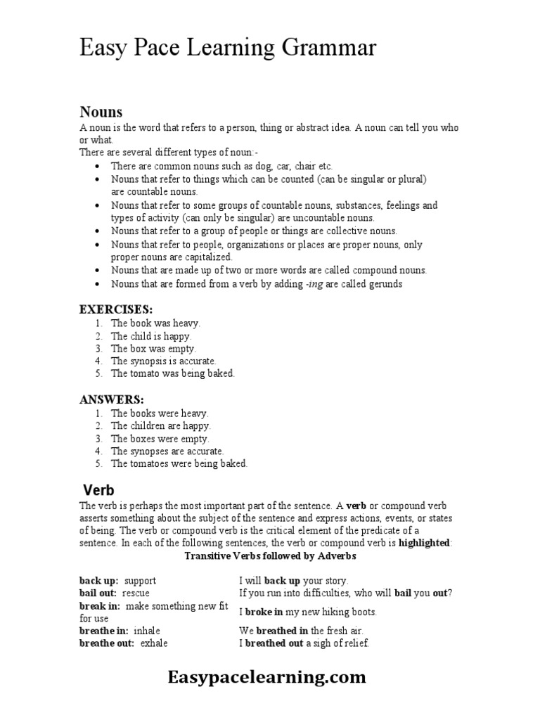 Easy Pace Learning Grammar: Nouns | PDF | Noun | Preposition And ...