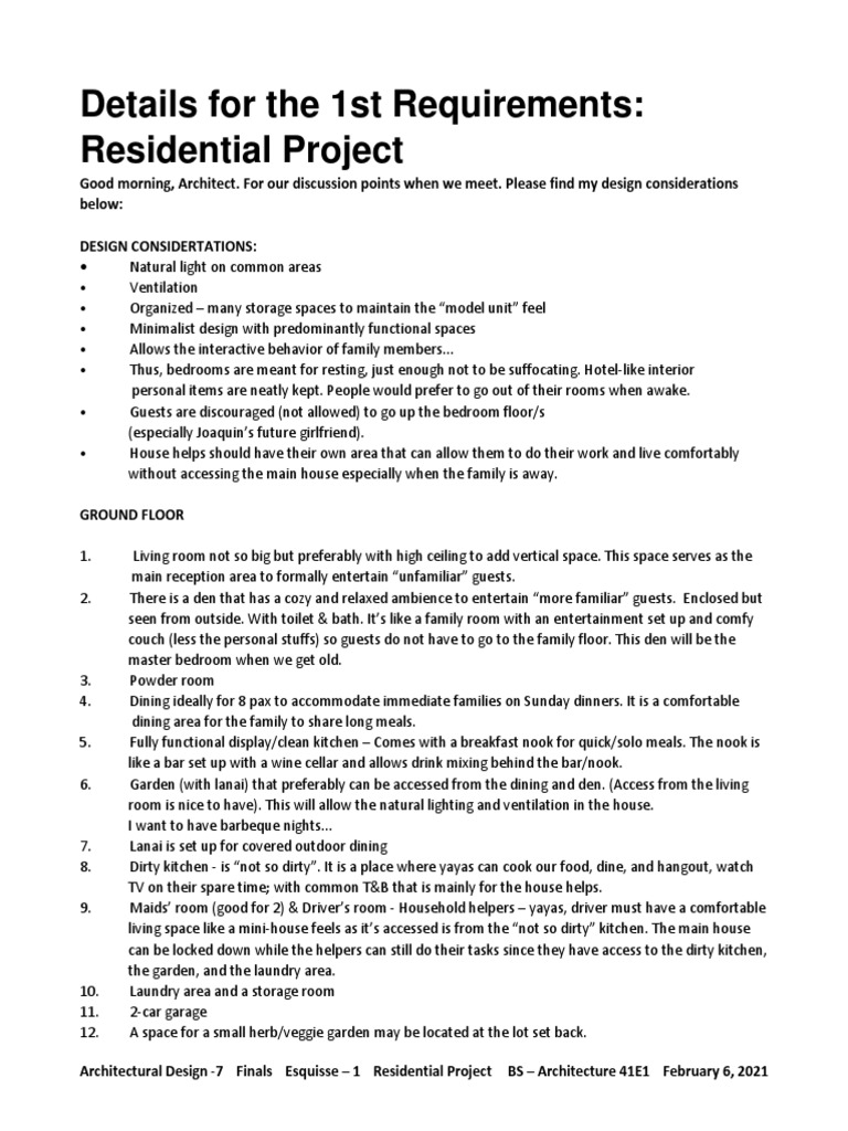 Requirement Details For Esquisse Number 1 Residential Project Finals ...