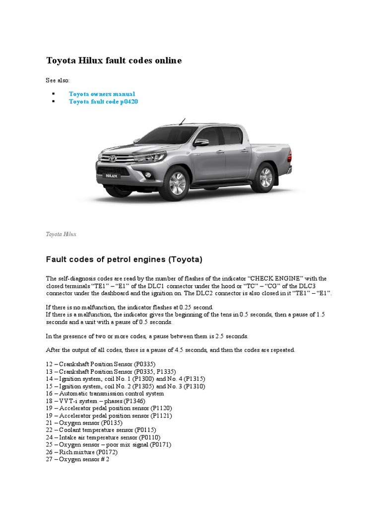 Toyota Hilux Fault Codes Guide | PDF | Throttle | Anti Lock Braking System