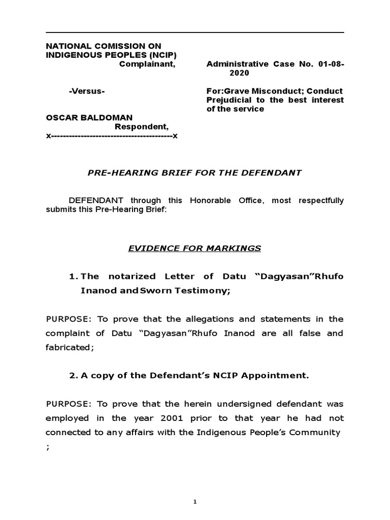 Pre-Hearing Brief For The Defendant | PDF | Testimony | Public Law