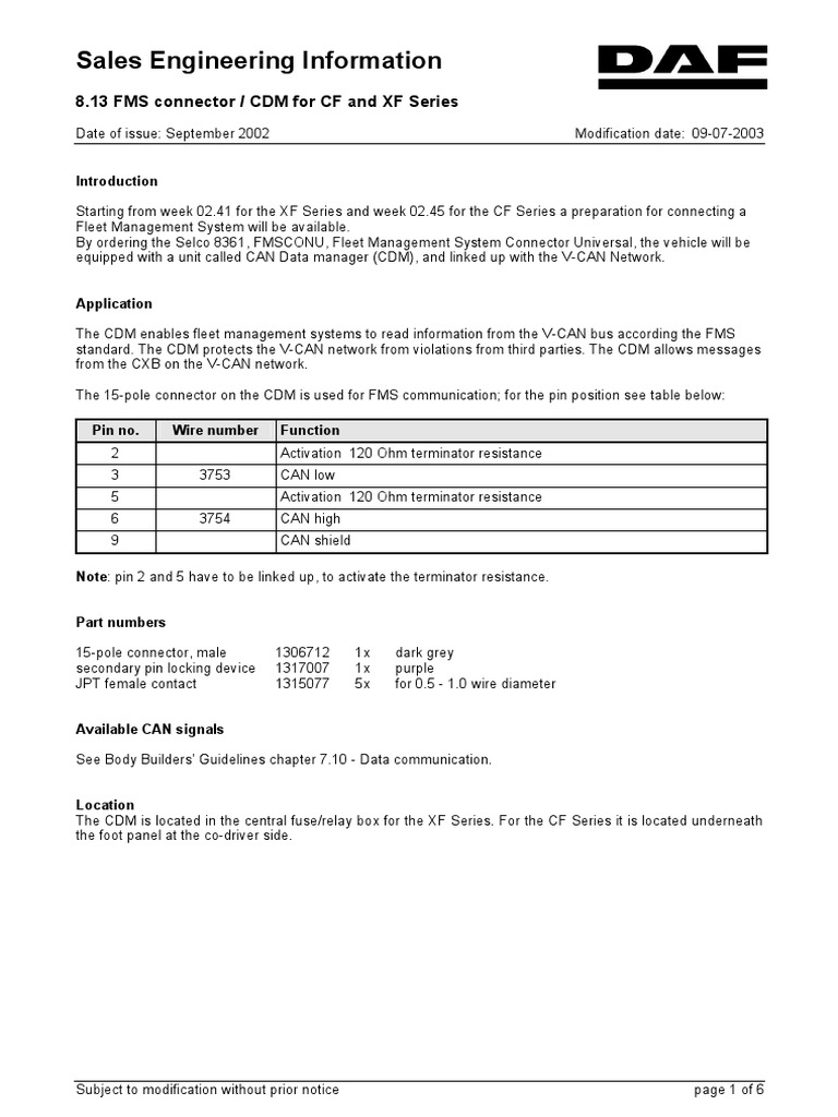 Sales Engineering Information: 8.13 FMS Connector / CDM For CF and XF ...