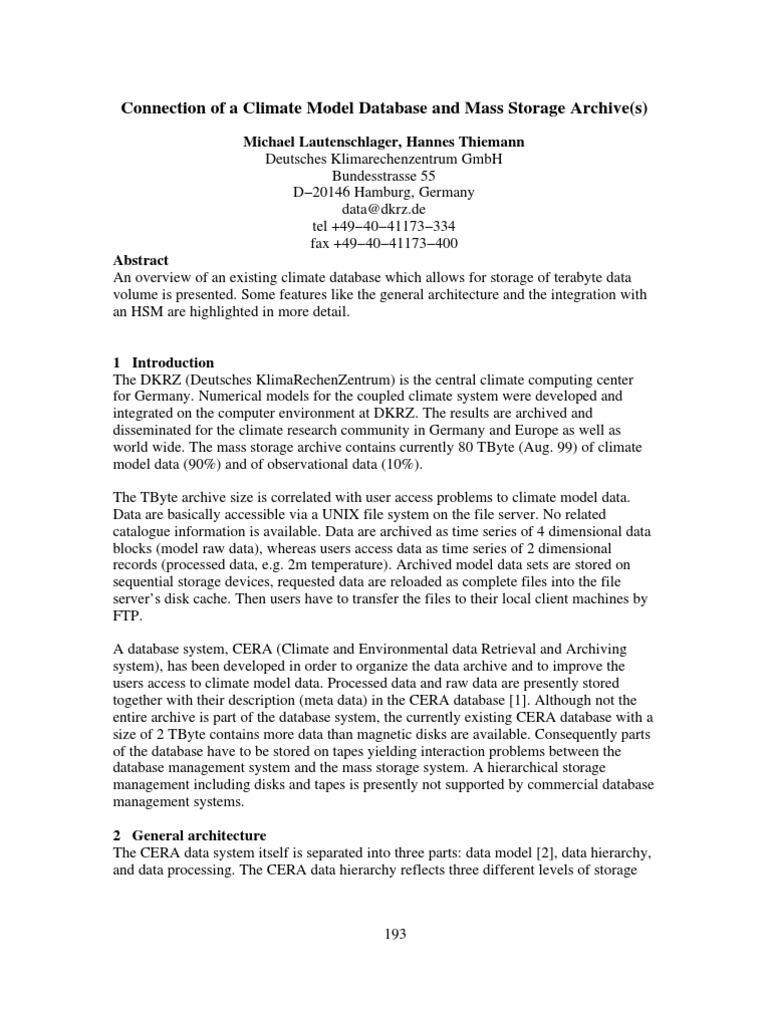 Connection of A Climate Model Database and Mass Storage Archive(s) | PDF | Databases | Computer ...