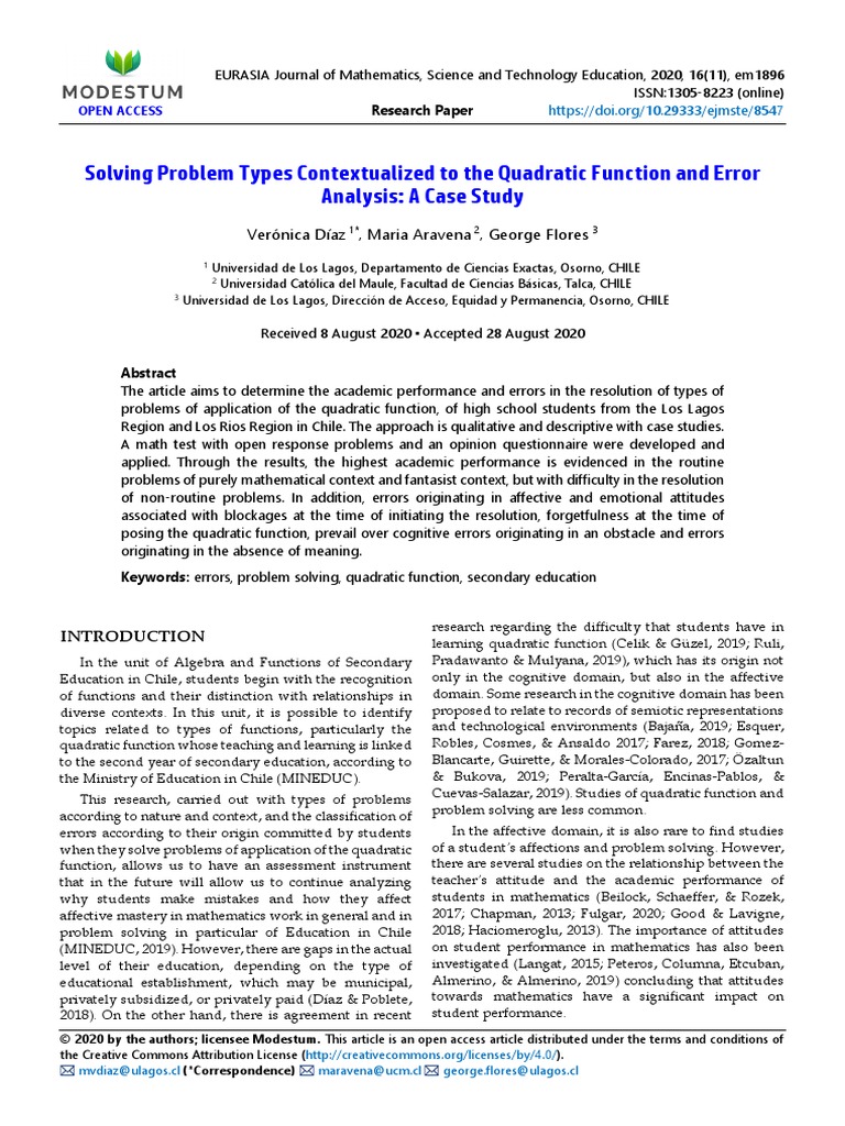 Solving Problem Types Contextualized To The Quadratic Function and ...
