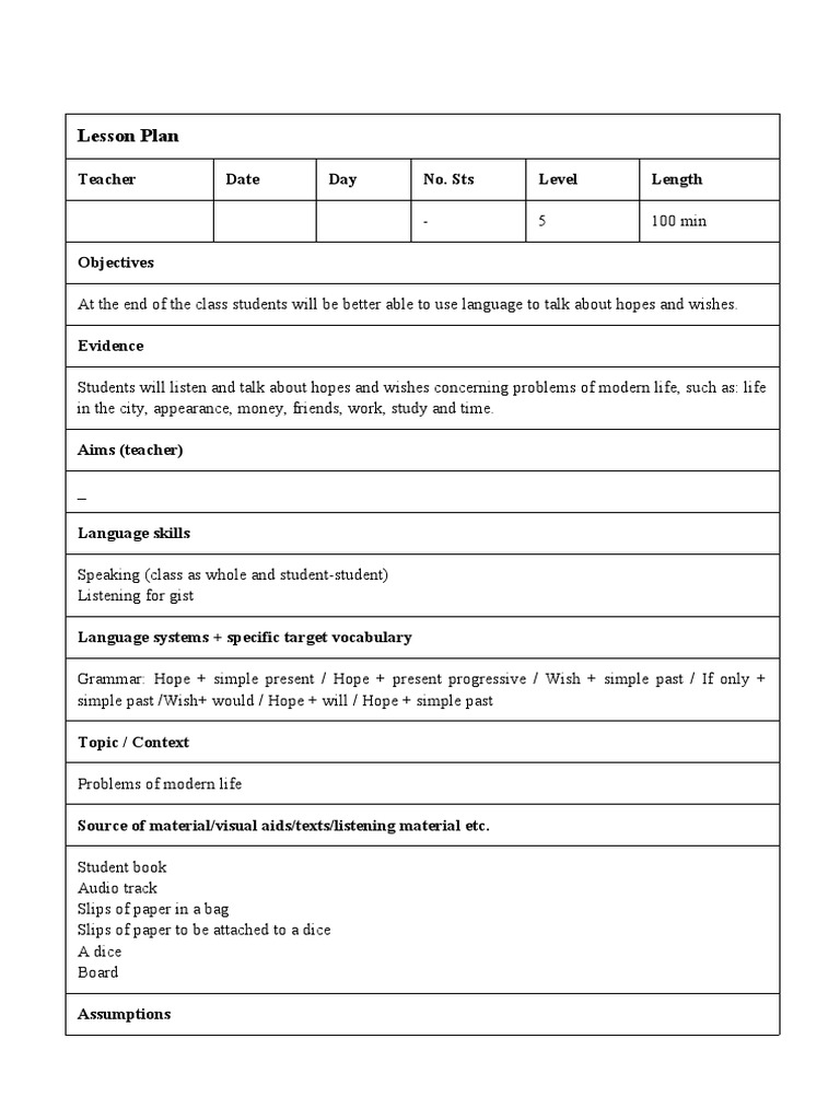 Lesson Plan Hopes and Wishes | PDF | Lesson Plan | Human Nature