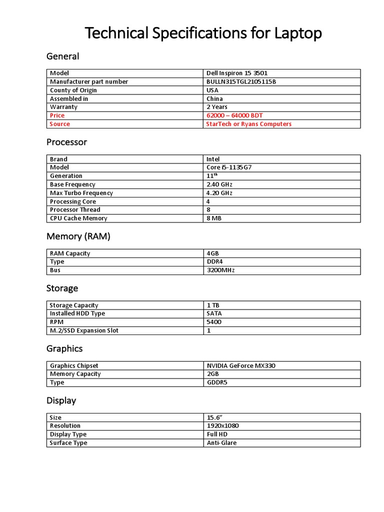 Technical Specifications For Laptop | PDF