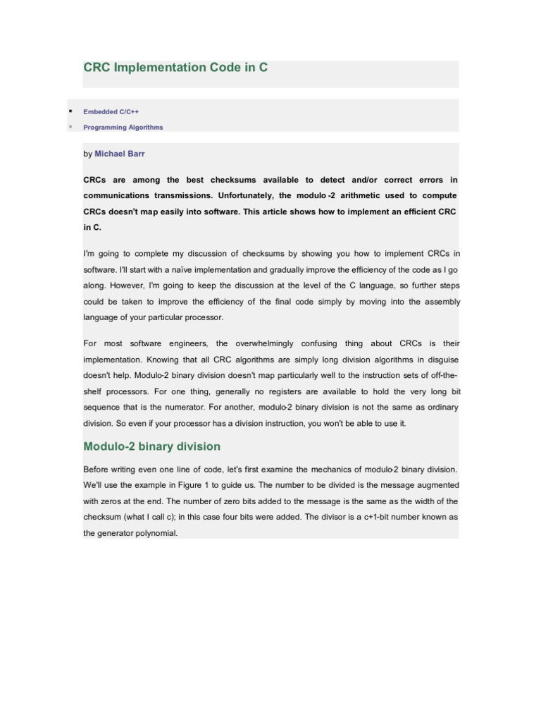 Crc Implementation Code In C Division Mathematics Computer Programming