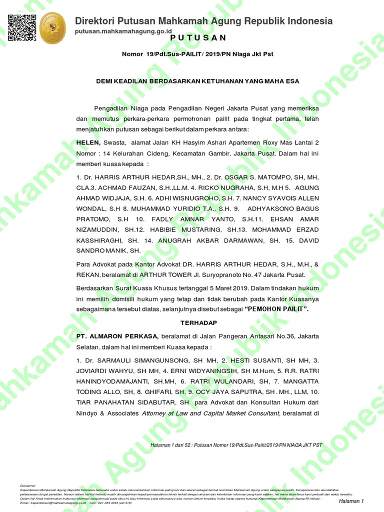 Putusan No 19 PDT - Sus-Pailit 2019 PN Niaga JKT - PST 20210328 | PDF