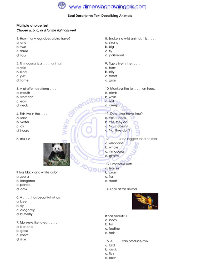 Soal Descriptive Text Describing Animals | PDF