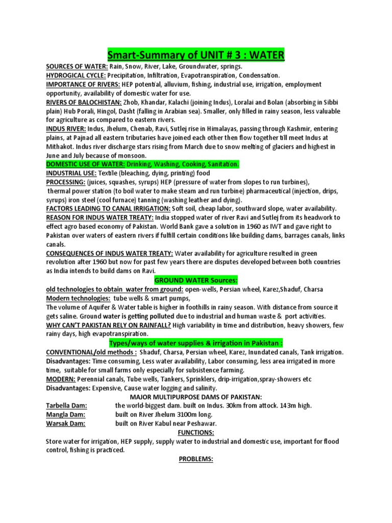 Smart-Summary of UNIT # 3: WATER | PDF | Indus River | Irrigation