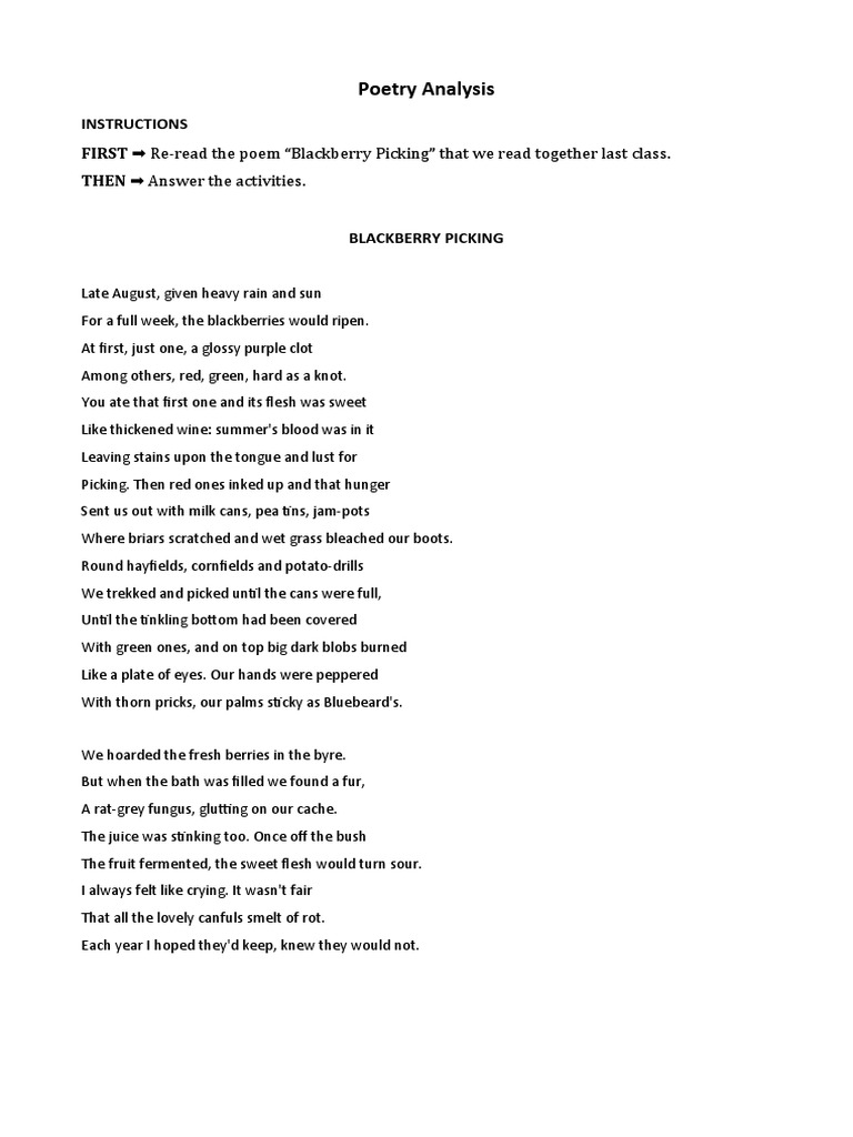 Analyzing "Blackberry Picking" Poem | PDF