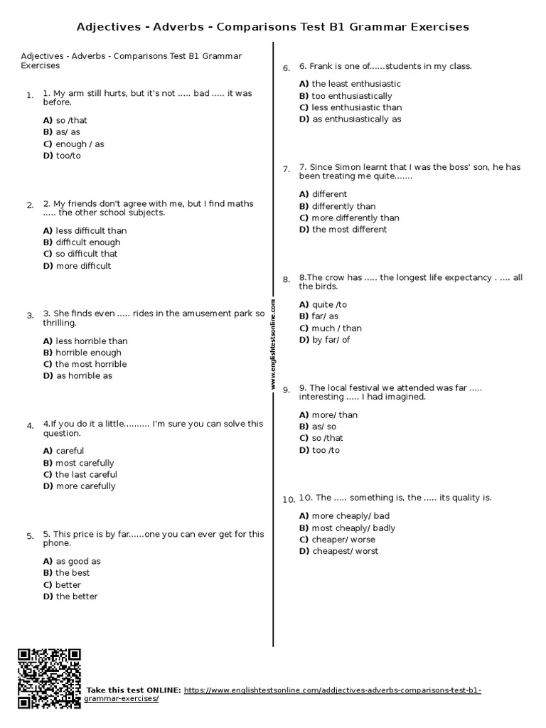 Adjectives Adverbs Comparisons Test B1 Grammar Exercises Pdf Adverb