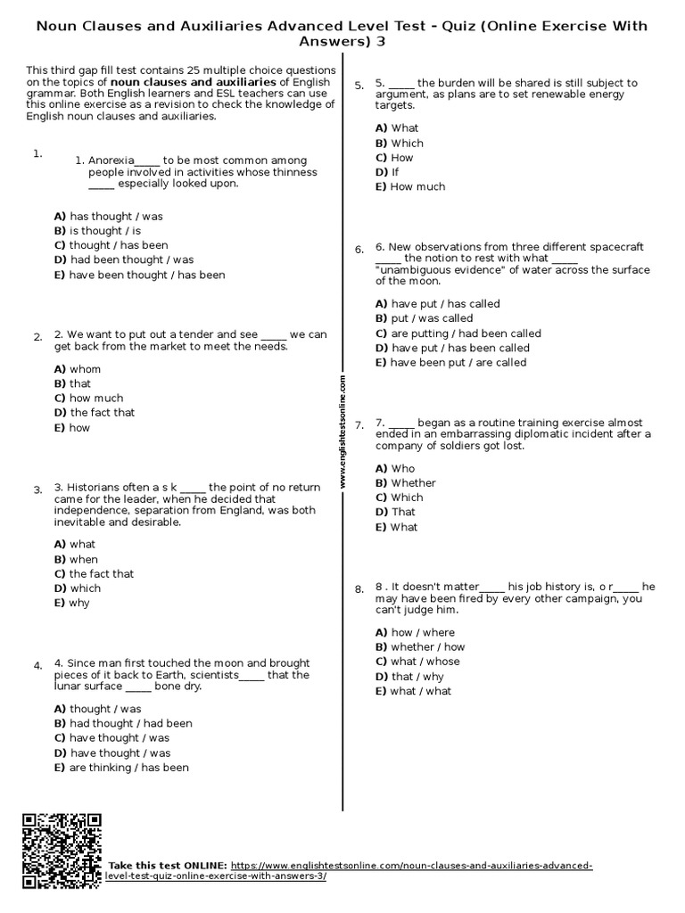 Noun Clauses & Auxiliaries Quiz Online | PDF | English Language | Question