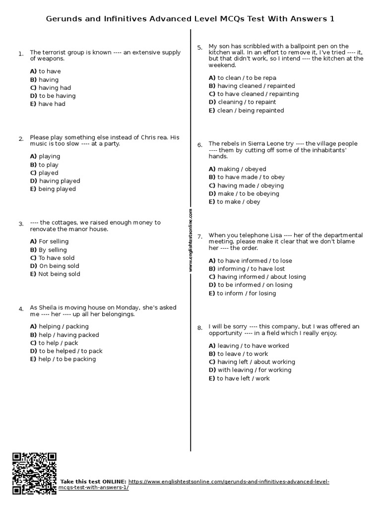 Gerunds and Infinitives Advanced Level MCQs Test With Answers 1 ...