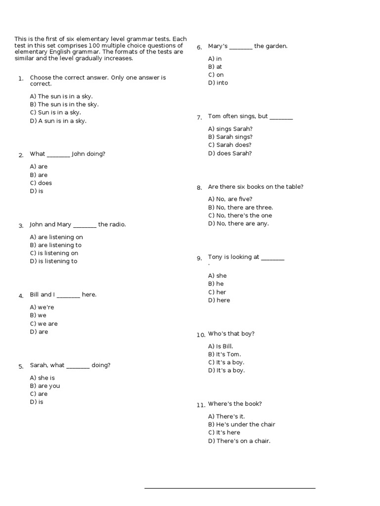 105 - Elementary Grammar Test 1 | PDF