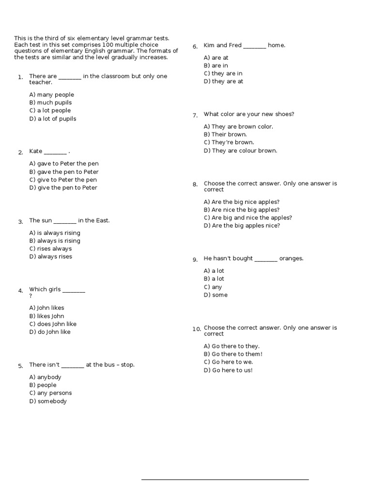 Elementary Grammar Test 3 | PDF