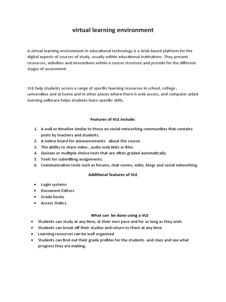 Virtual Learning Environment: Features of VLE Include | PDF