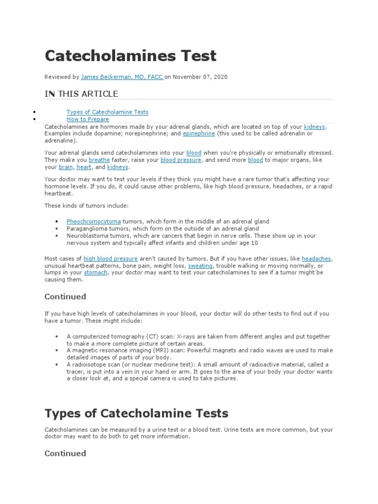 Testing Catecholamine Levels: An Overview of Catecholamine Tests, Their ...