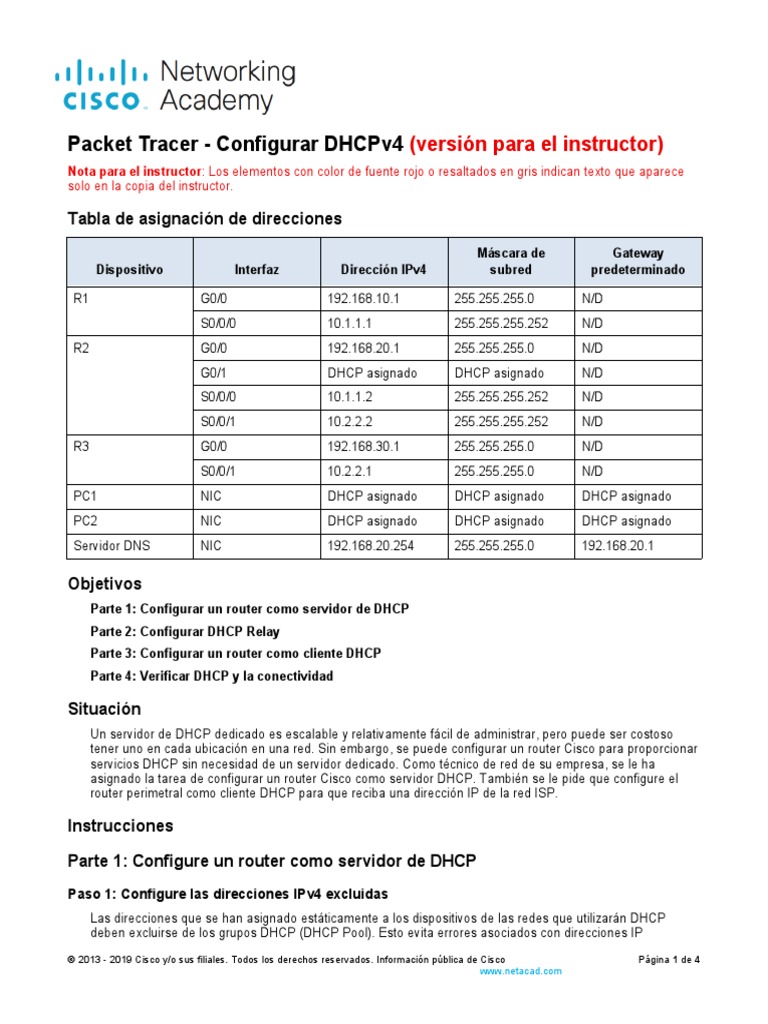 7.2.10 Packet Tracer - Configure DHCPv4 - ILM | PDF | Dirección IP | Enrutador (Computación)
