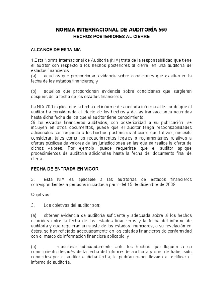 Nia 560 Trab | PDF | Auditoría | Contralor
