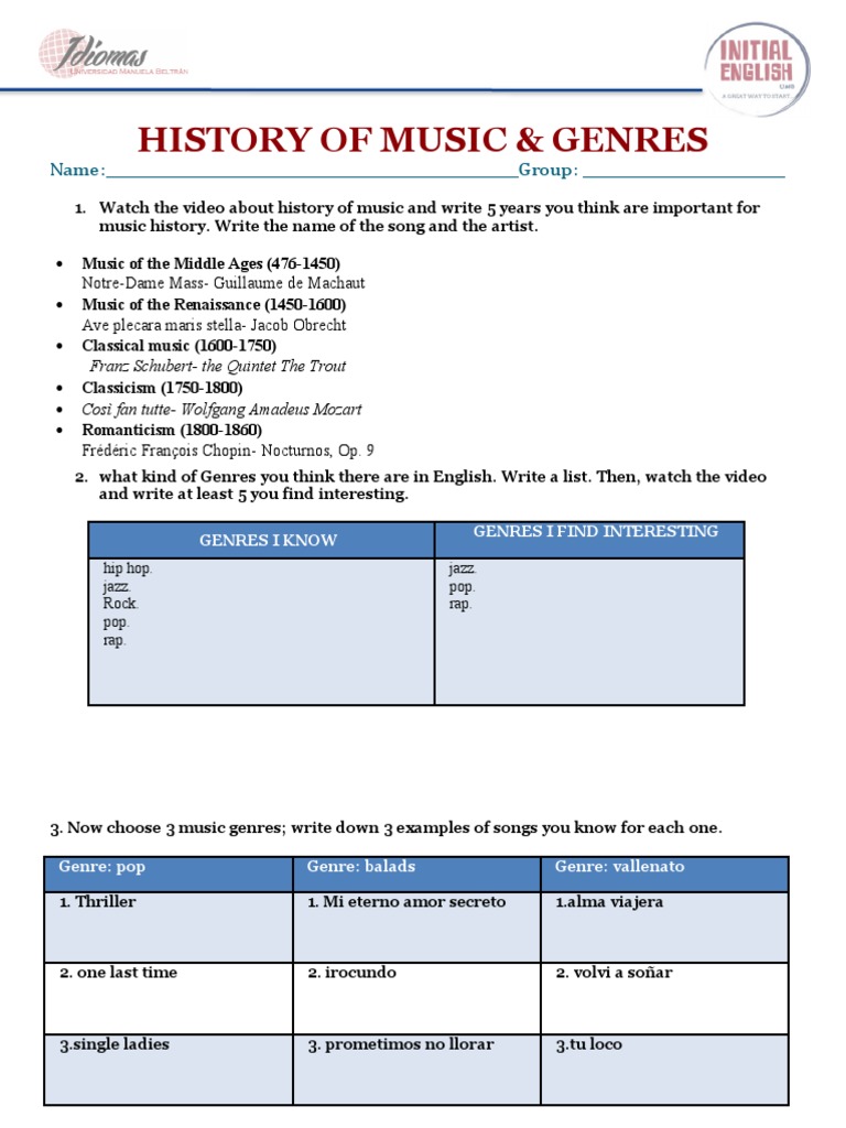 HISTORY OF MUSIC & GENRES Worksheet | PDF