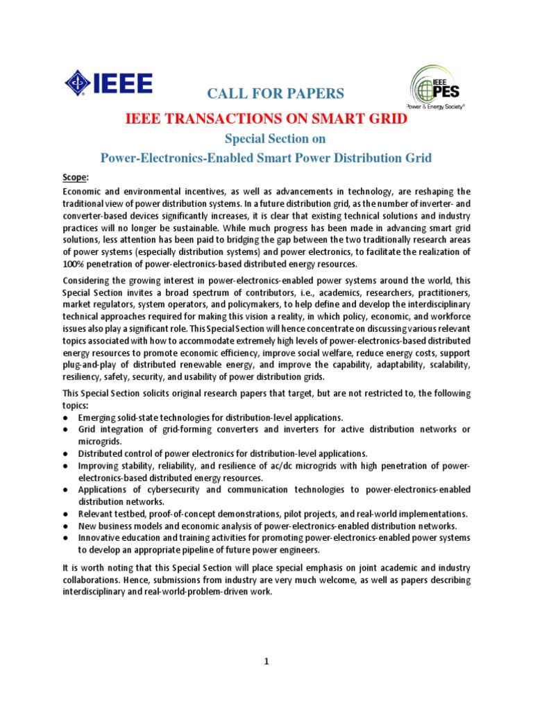 Ieee Transactions On Smart Grid: Call For Papers | PDF | Electrical ...