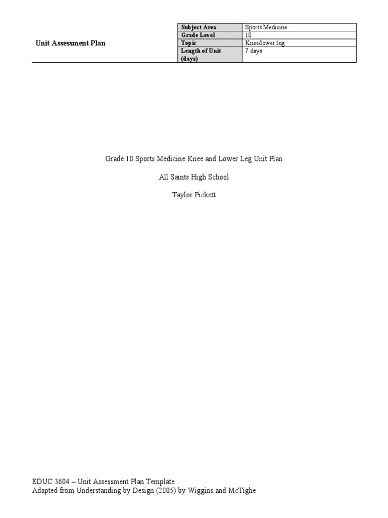 Unit Assessment Plan: Grade 10 Sports Medicine Knee and Lower Leg Unit ...
