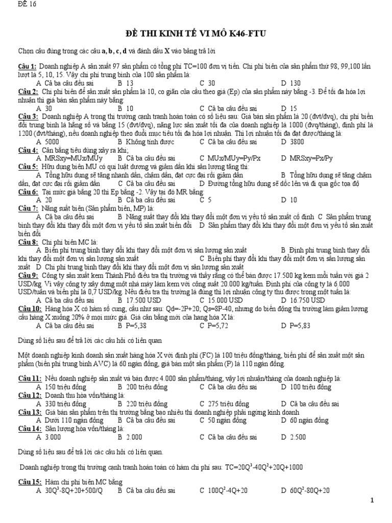 Đề Thi Kinh Tế Vi Mô k46-Ftu 2 | PDF
