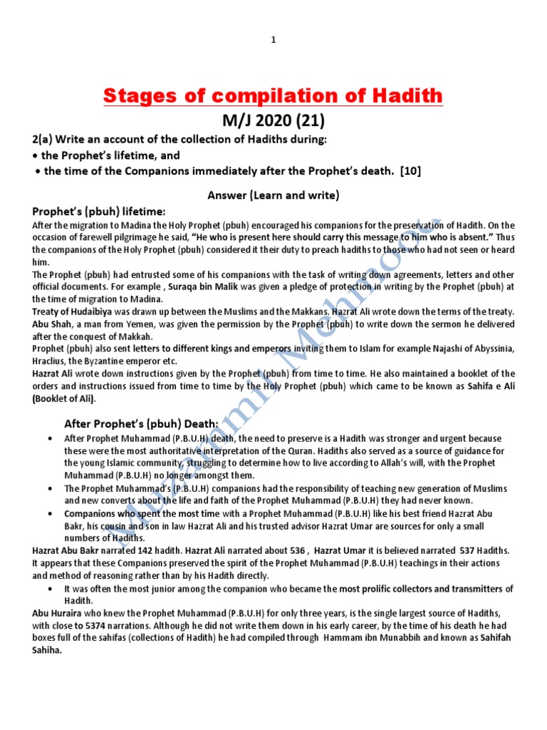 History - and - Importance - of - Hadith Cie Islamiat P2 Q1 | PDF ...