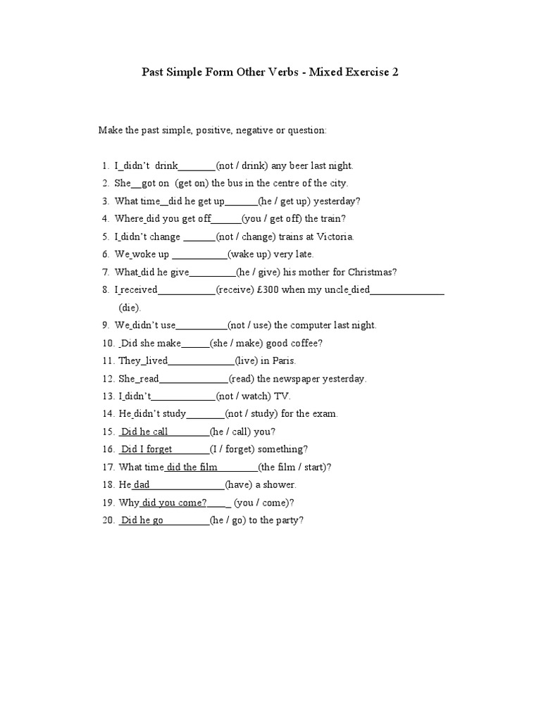 Past Simple Form Other Verbs - Mixed Exercise 2 | PDF