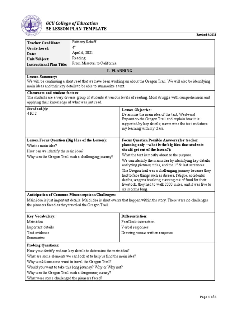 5E Lesson Plan Template: GCU College of Education | PDF | Question ...