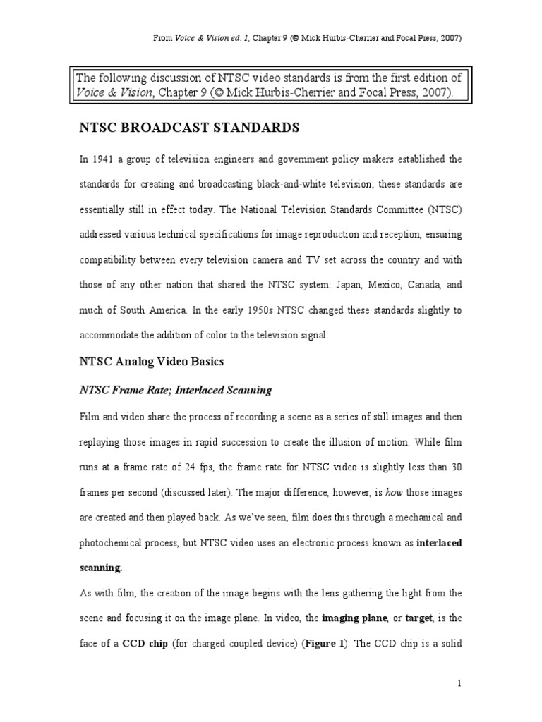 NTSC Broadcast Standards: Voice & Vision, Chapter 9 (© Mick Hurbis-Cherrier and Focal Press ...