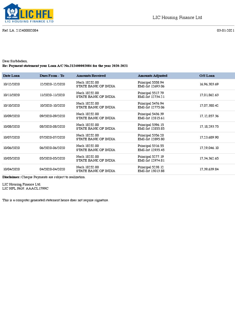 Loan Ledger - LIC HFL - Customer Portal | PDF | Debt | Money
