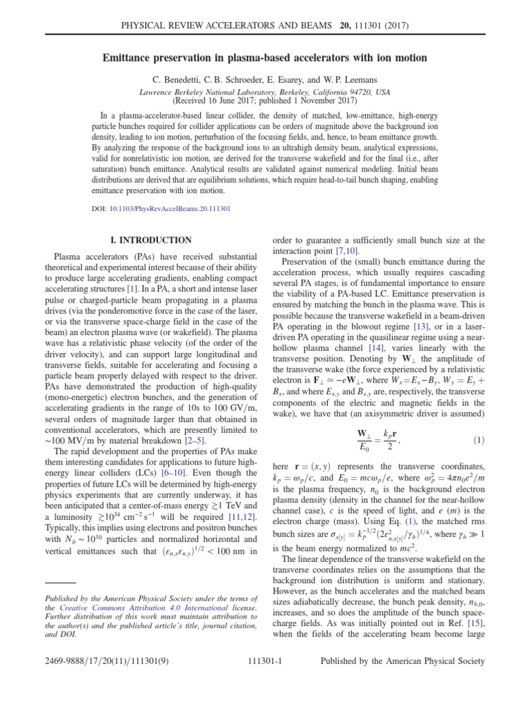 Emittance Preservation in Plasma-Based Accelerators With Ion Motion | PDF | Particle Accelerator ...