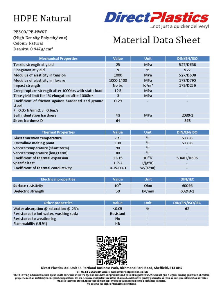 Material Data Sheet: HDPE Natural | PDF | Yield (Engineering ...