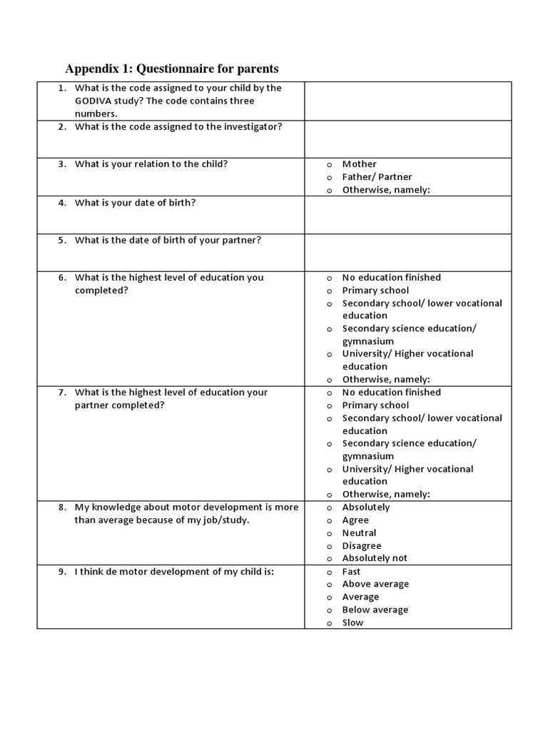 Appendix 1: Questionnaire For Parents | PDF | Psychology | Human Nature